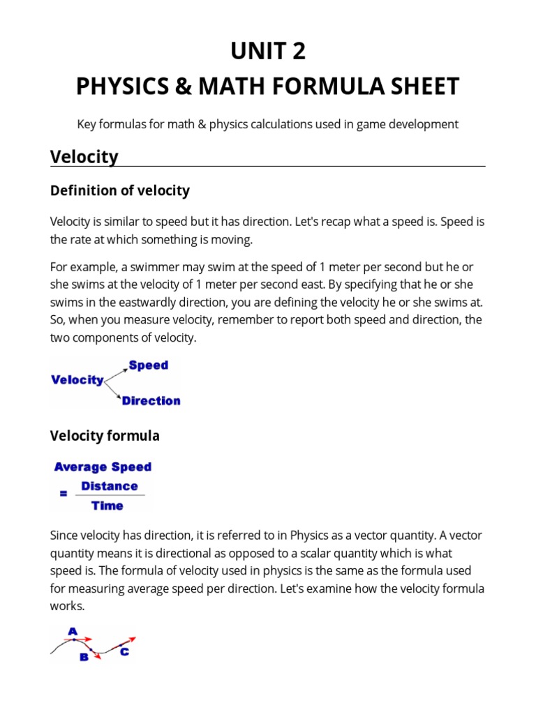 Unit 2 Physics & Math Formula Sheet: Velocity | PDF | Velocity | Speed