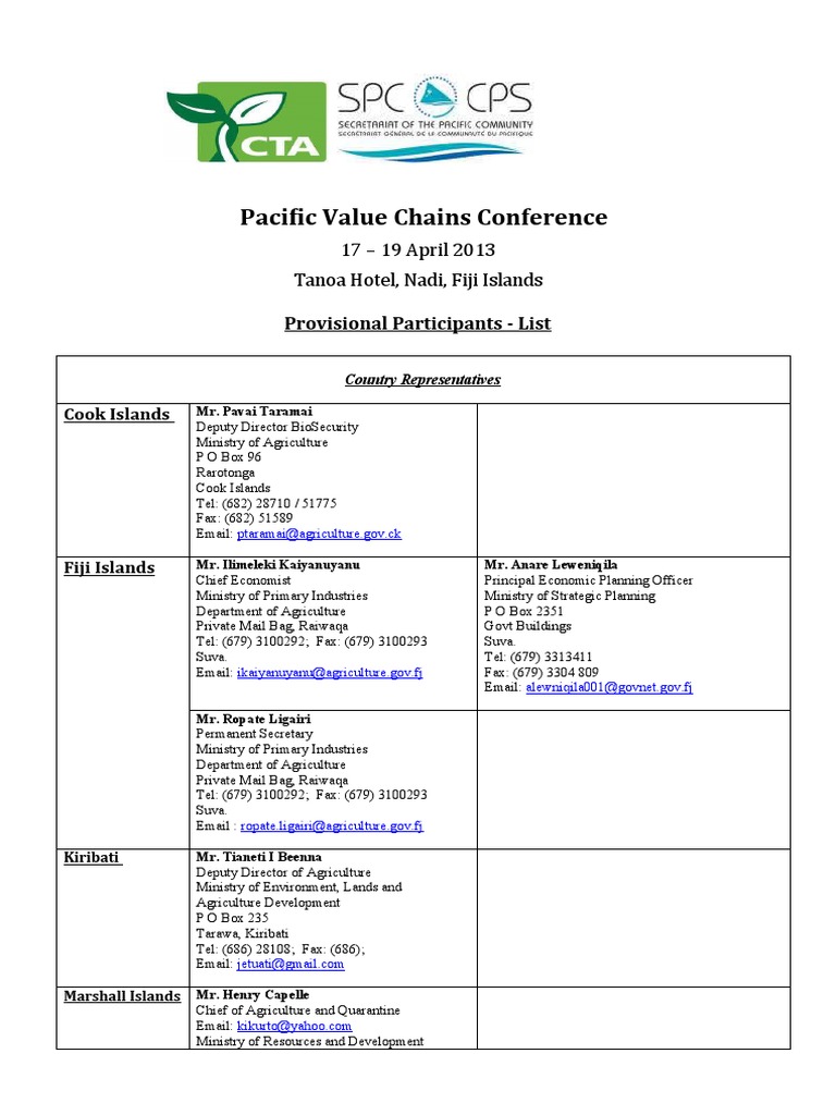 Participant List Pacific Value Chain Workshop - April 2013 Final | PDF ...
