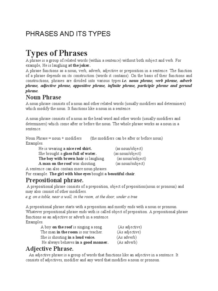 PHRASES AND ITS TYPES Docx | PDF | Adverb | Verb