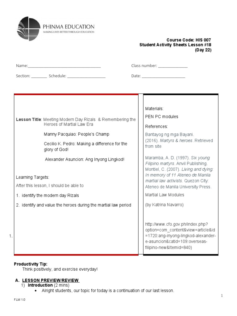 Course Code: HIS 007 Student Activity Sheets Lesson #18 (Day 22) | PDF