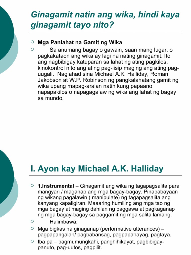 Mga Gampanin NG Wika Ayon Kay Michael A.K. Halliday | PDF