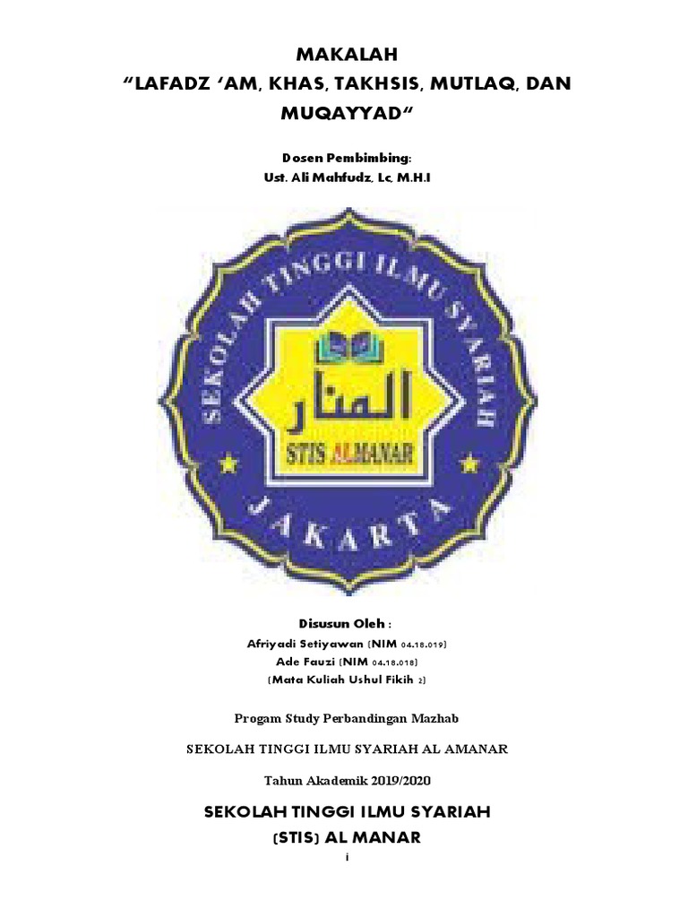 Makalah Ushul Fikih 2 (Lafadz 'Am, Khas, Takhsis, Mutlaq, Muqayyad) | PDF Makalah Ushul Fikih 2 (Lafadz 'Am, Khas, Takhsis, Mutlaq, Muqayyad) | PDF