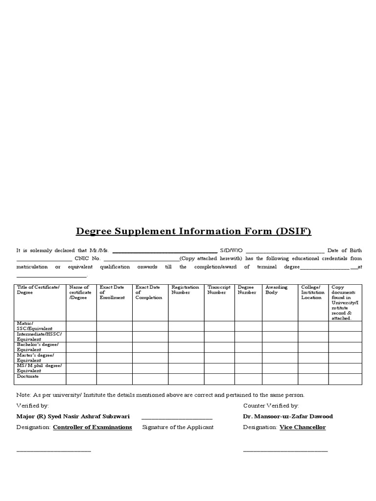 Degree Supplement Information Form (DSIF) : Major (R) Syed Nasir Ashraf Subzwari | PDF