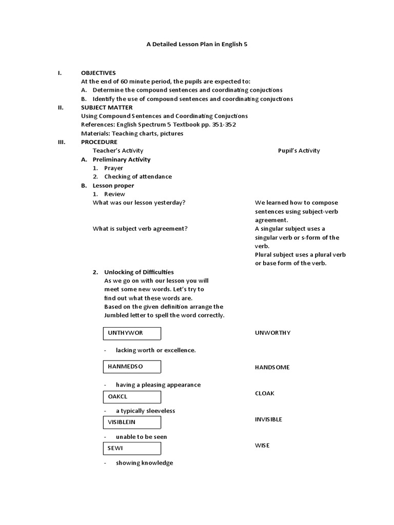 A Detailed Lesson Plan in English 5 | PDF | Clause | Sentence (Linguistics)