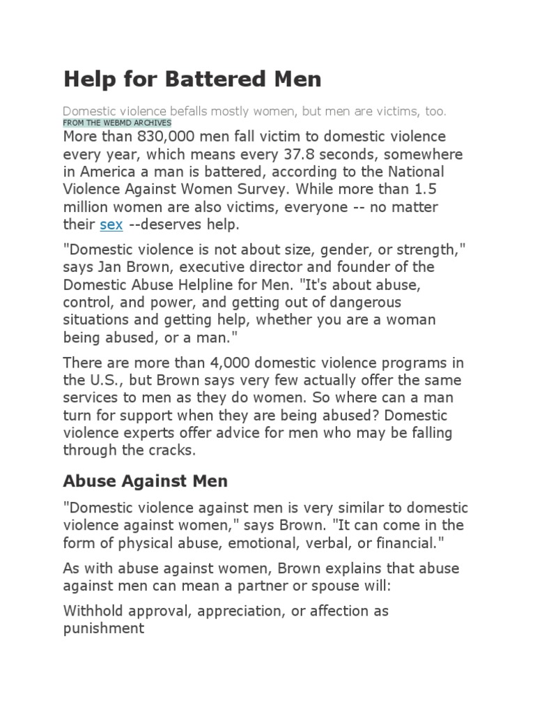 Help For Battered Men | PDF | Domestic Violence | Restraining Order