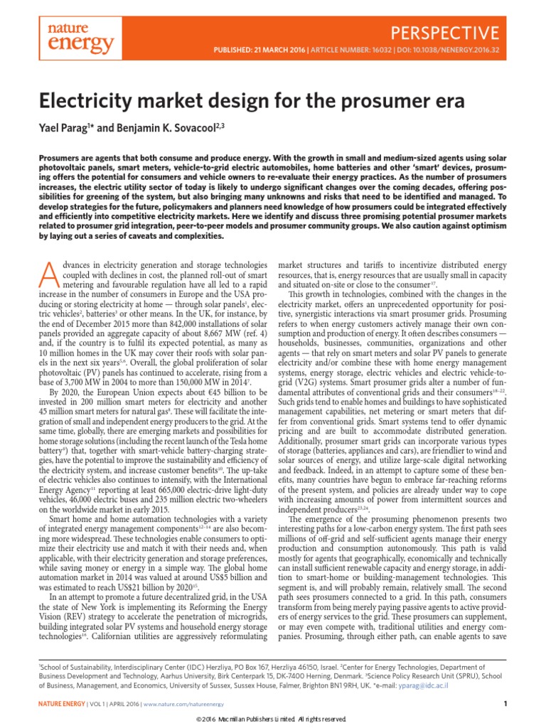 Electricity Market Design in The Prosumer Era | PDF | Distributed ...