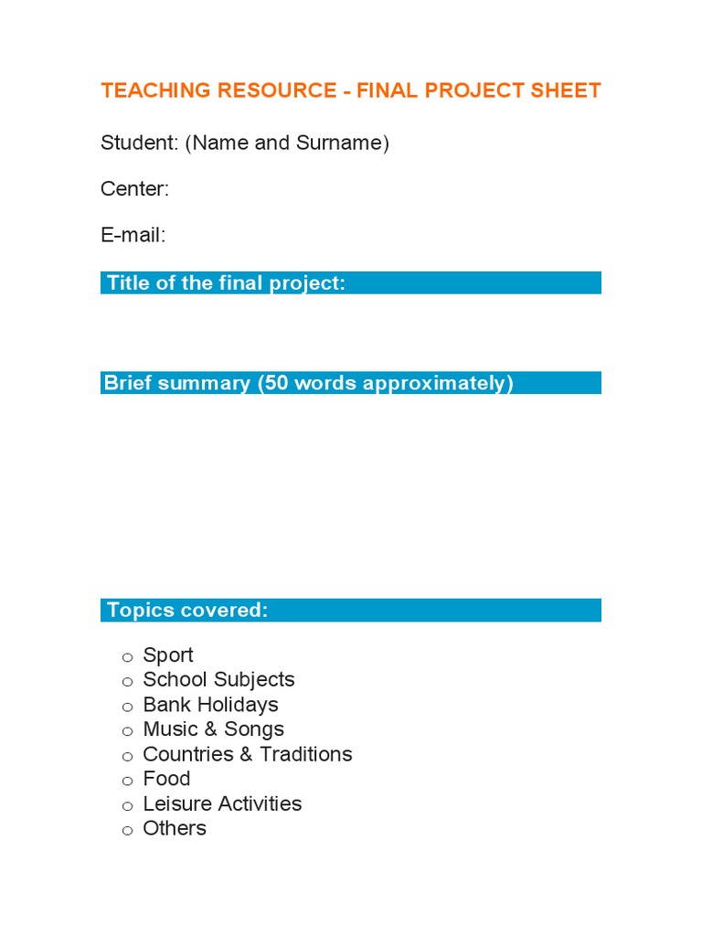 Teaching Resource-Final Project Sheet | PDF