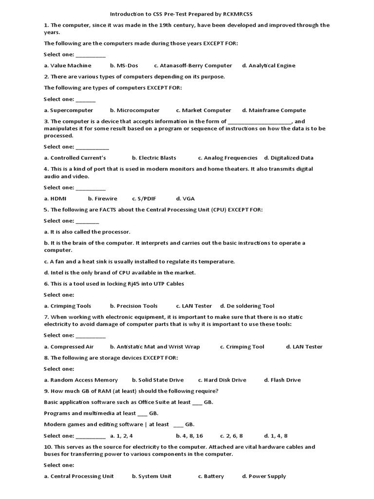 Introduction To CSS Pre-Test | PDF | Central Processing Unit | Computer ...