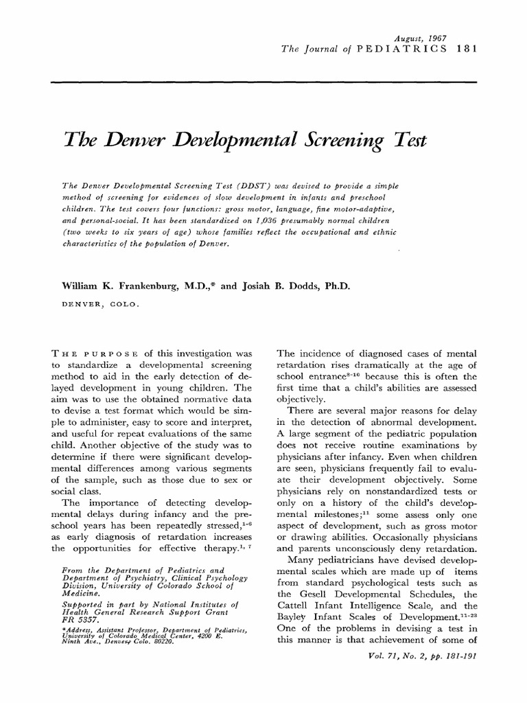 The Denver Developmental Screening Test: August, 1967 The Journal o ...