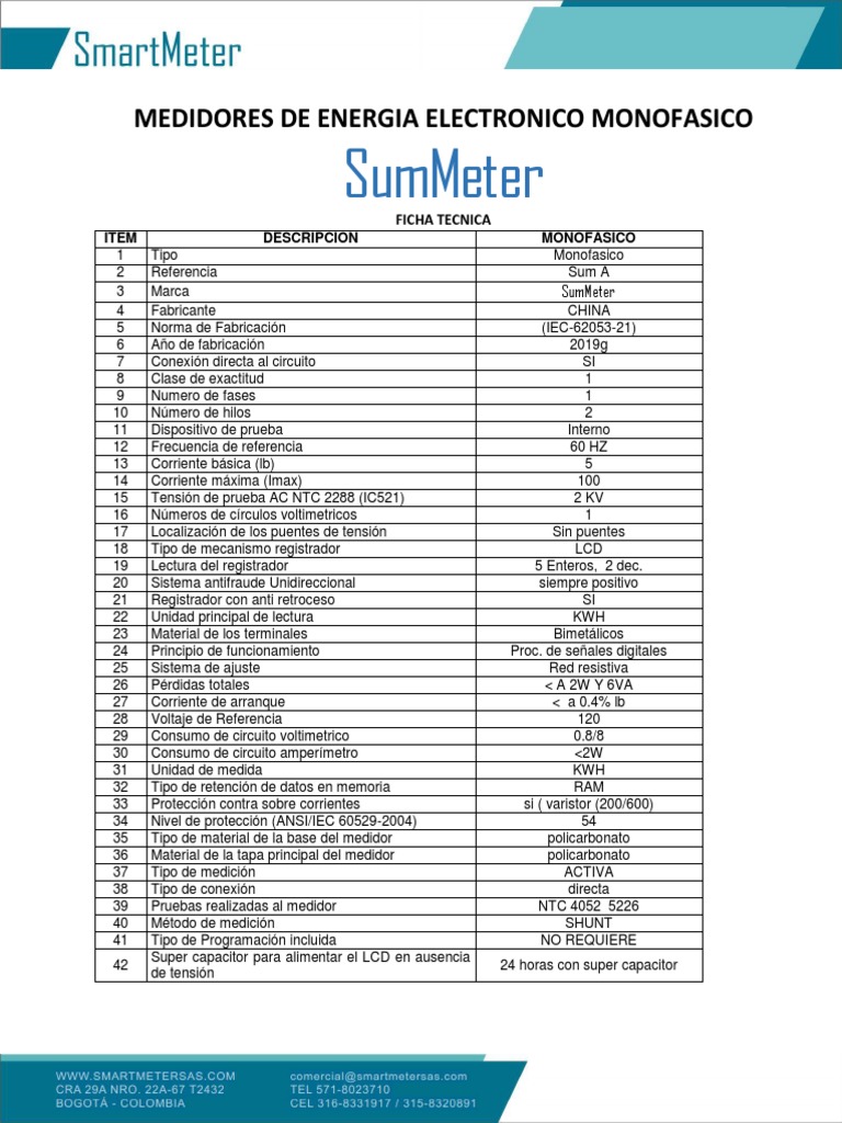 FICHA TECNICA 1F2H LC Sum Meter | PDF | Corriente eléctrica | Electricidad