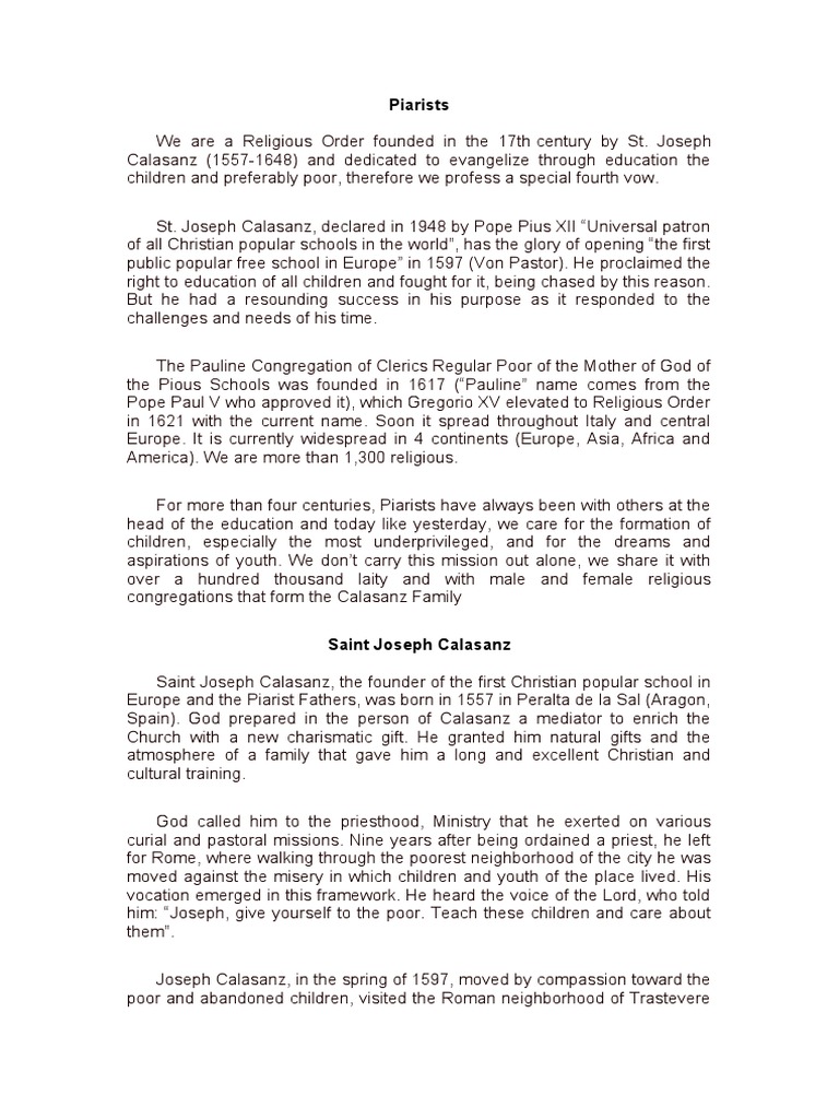 The Piarist Fathers in The World | Download Free PDF | Catholic Church ...