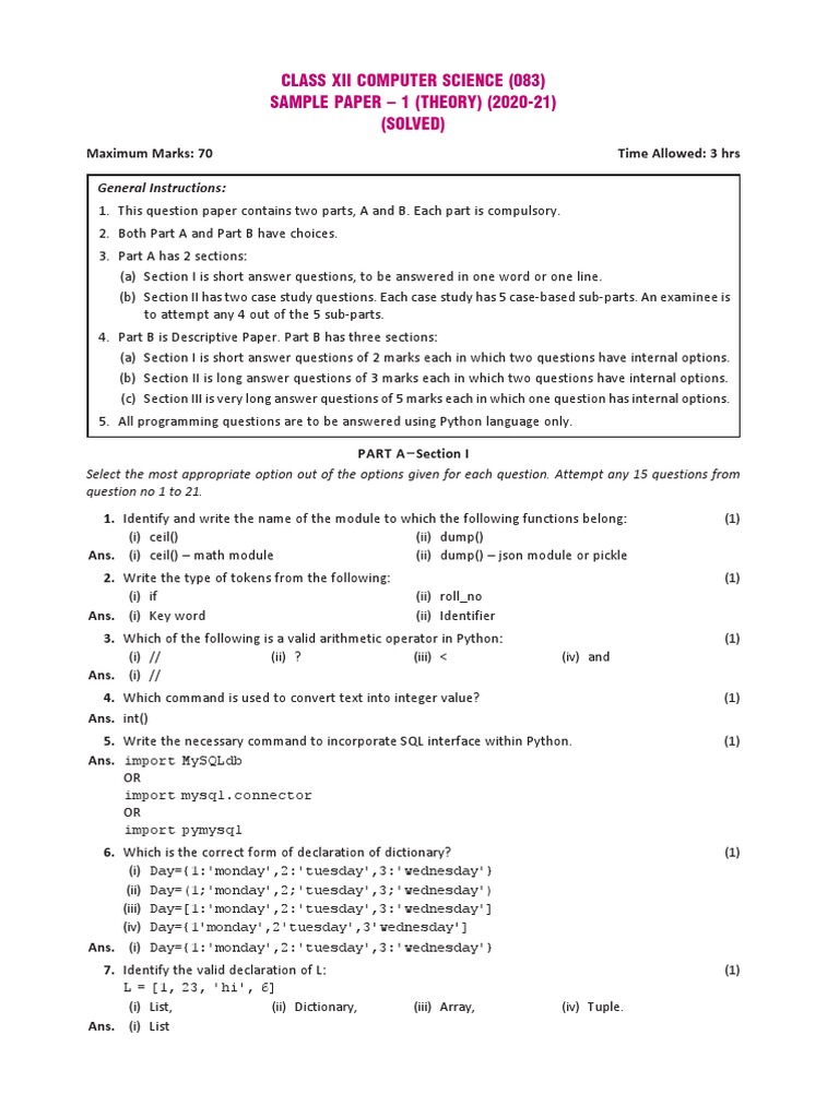 Class XII Computer Science Sample Paper 1 Solved | PDF | Transmission ... Class XII Computer Science Sample Paper 1 Solved | PDF | Transmission ...