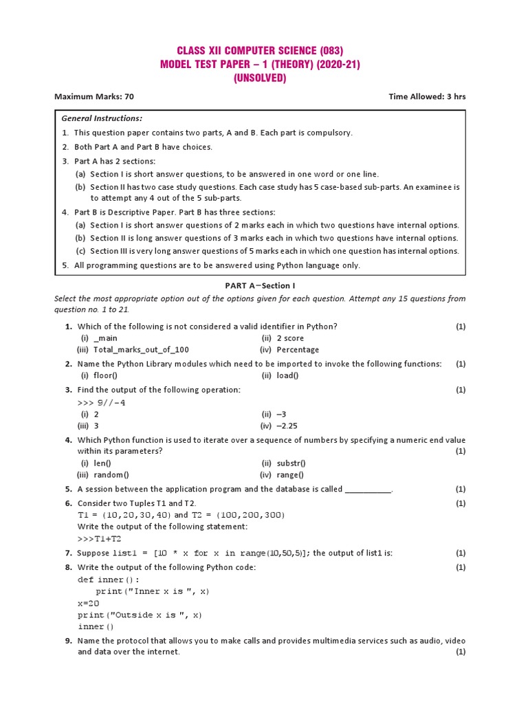 MODEL TEST PAPER (Unsolved) 1 | PDF | Sql | Computer Network