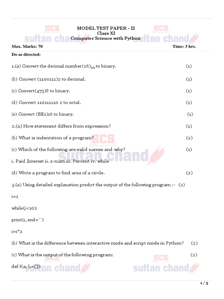 Class 11 Computer Science Test Paper | PDF | Computer Programming ...