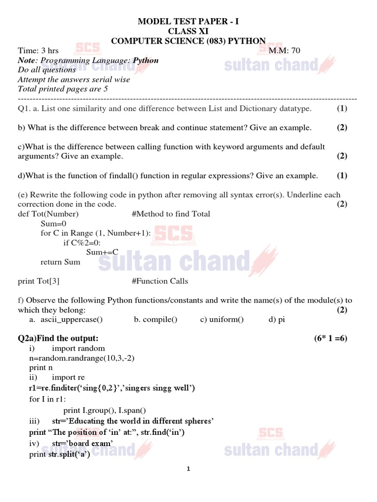 Computer Science Class 11 - Sultan Chand - ModelTestPaper1 PDF | PDF ...