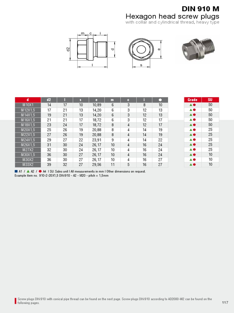 DIN 910 Hexagon Head Screw Plugs with Collar and Cylindrical Thread - Dimensions and ...