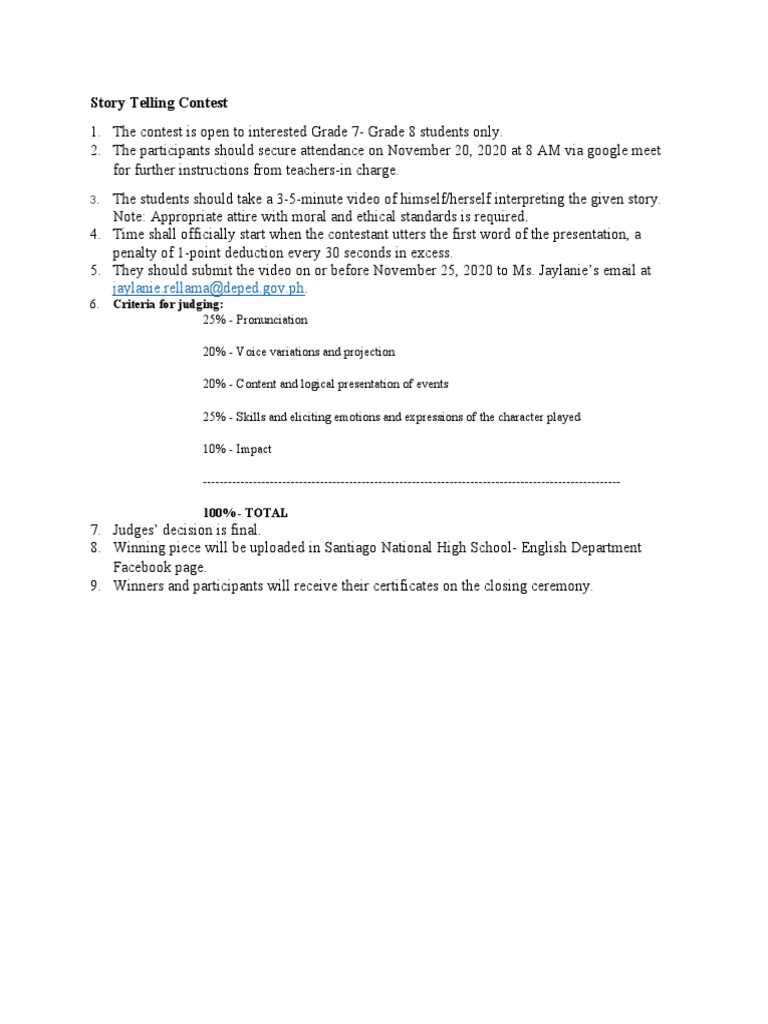 Grade 7-8 Storytelling Contest Details | PDF | Mystery, Thriller ...