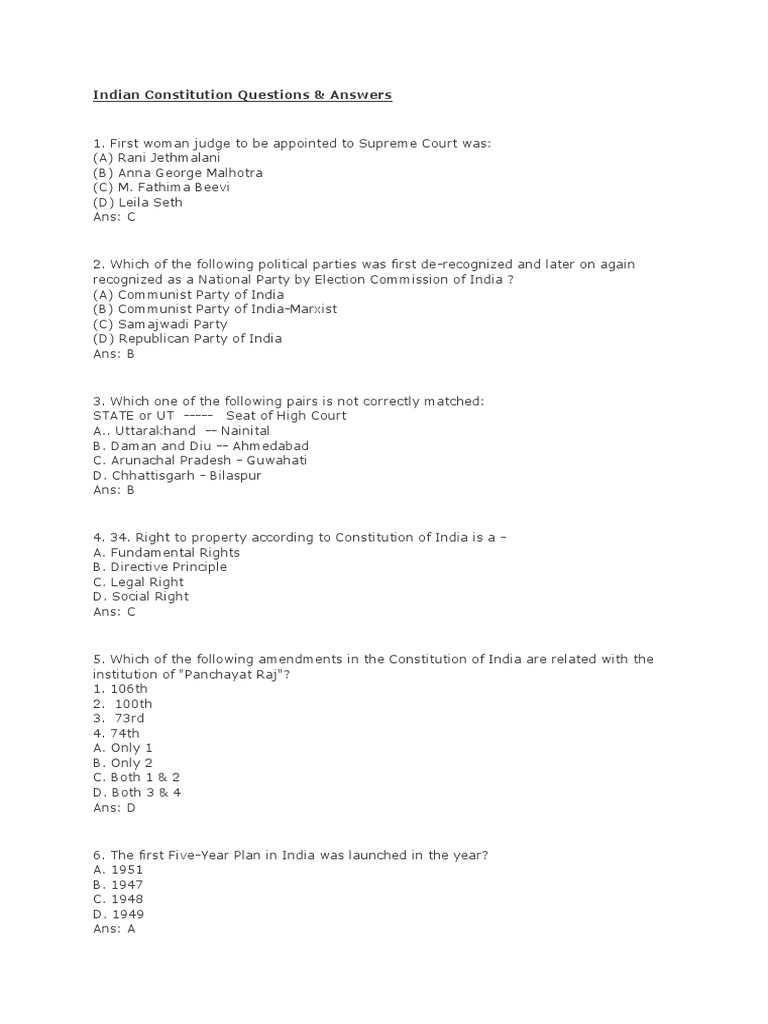 Indian Constitution Questions | PDF | Politics Of India | Government Of ...