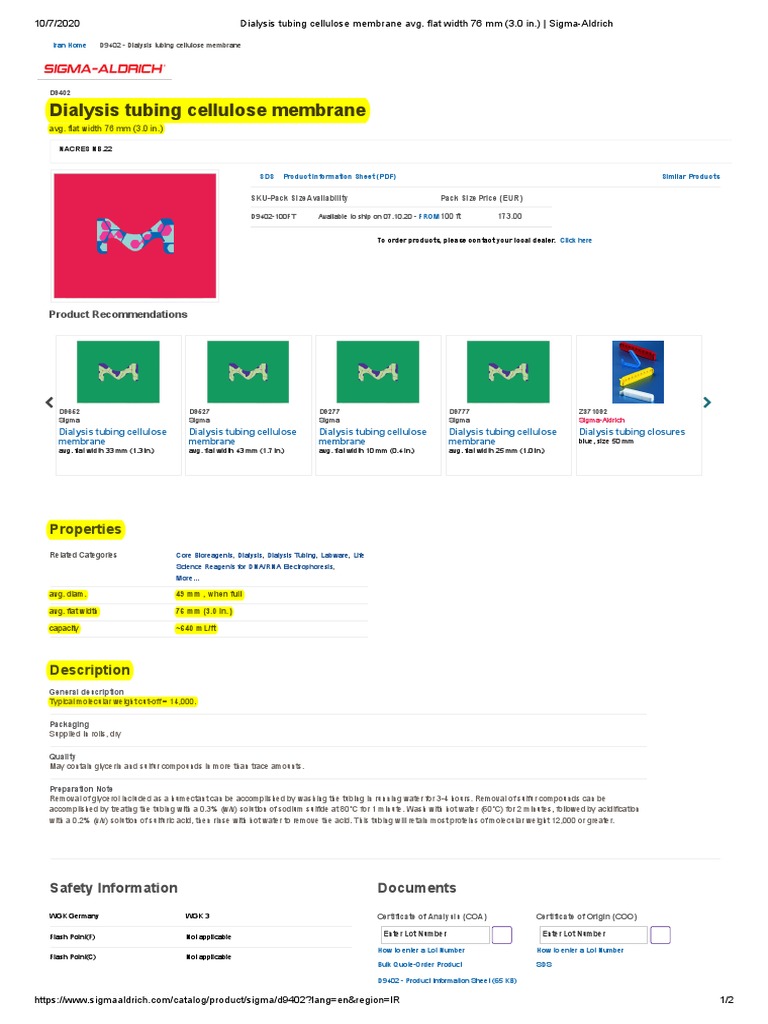Dialysis Tubing Cellulose Membrane Avg Flat Width 76 Mm 3 0 In