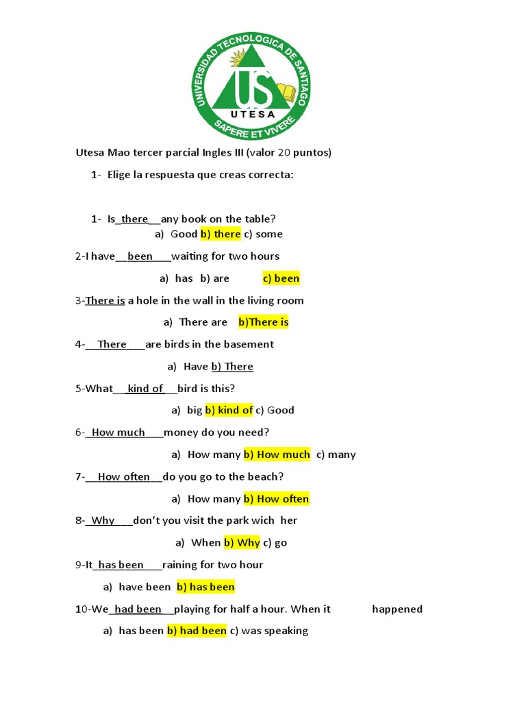 English III third partial test answers (value 20 points | PDF