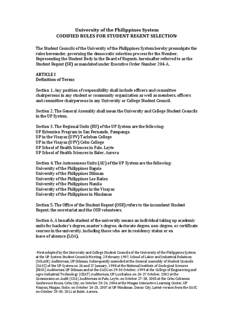 University of The Philippines System Codified Rules For Student Regent ...