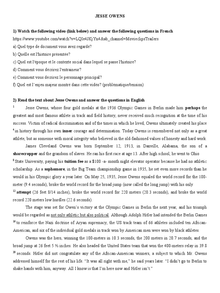 JESSE OWENS Listening, Reading and Writing | PDF