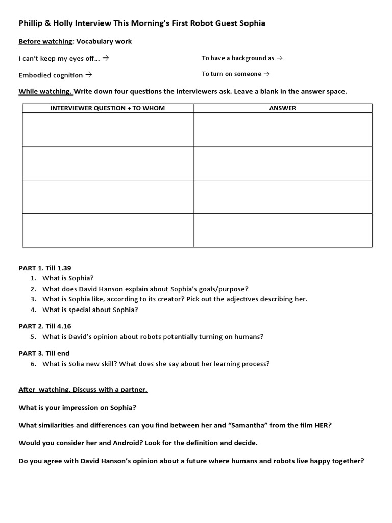 Listening Comprehension - Sophia The Robot Interview | PDF