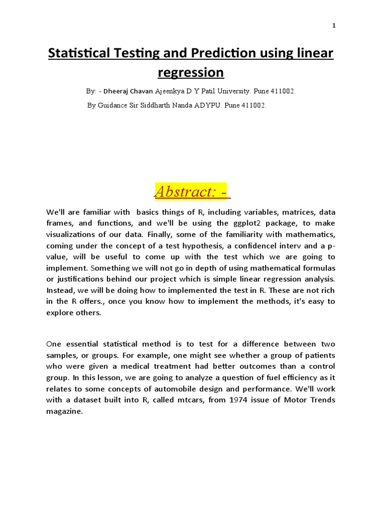 Statistical Testing And Prediction Using Linear Regression Abstract Pdf Regression Analysis