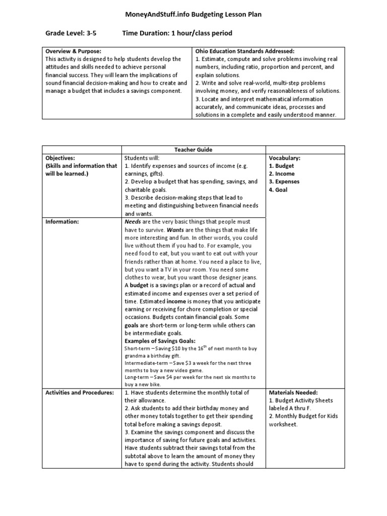 Budgeting Lesson Plan For Grades 3-5 PDF | PDF | Lesson Plan | Behavior ...