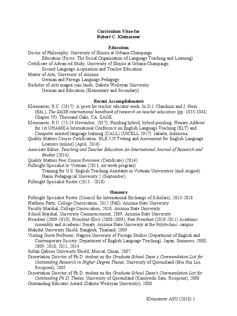 Curriculum Vitae For Robert C. Kleinsasser Education: Studies (2016 ...