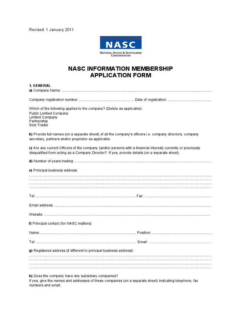 Nasc Information Membership Application Form: Revised: 1 January 2011 ...