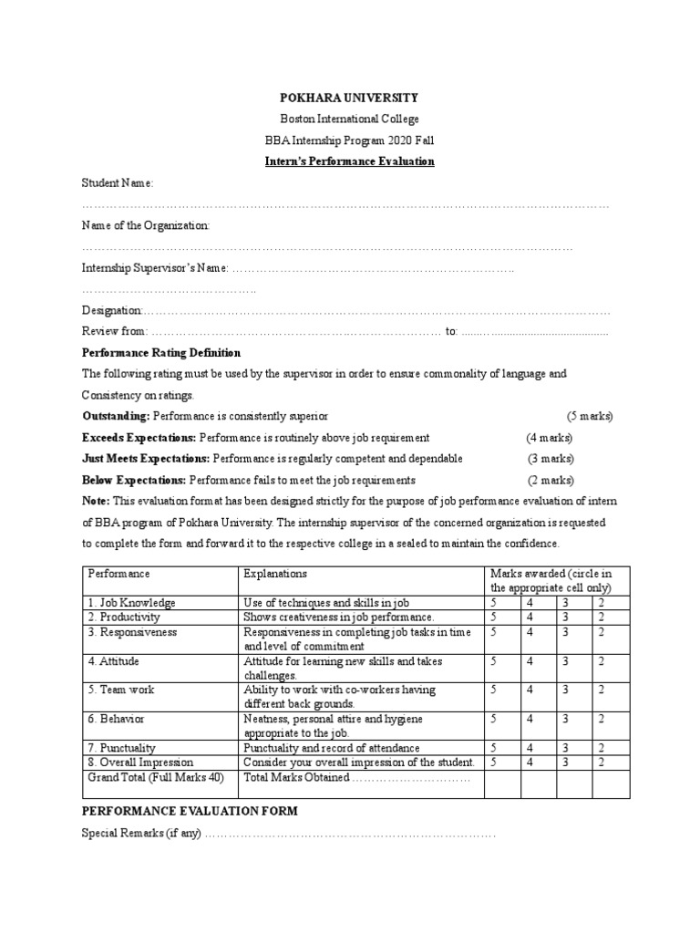 Intern's Performance Evaluation Form - Supervisor | PDF | Cognitive ...