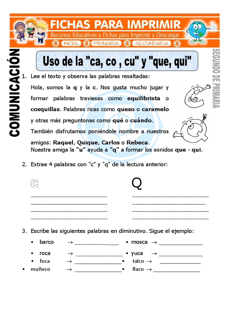 Ficha de Uso de La Ca Co Cu y Que Qui para Segundo de Primaria | PDF