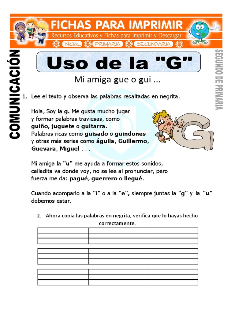 Ficha de Uso de La G para Segundo de Primaria | PDF