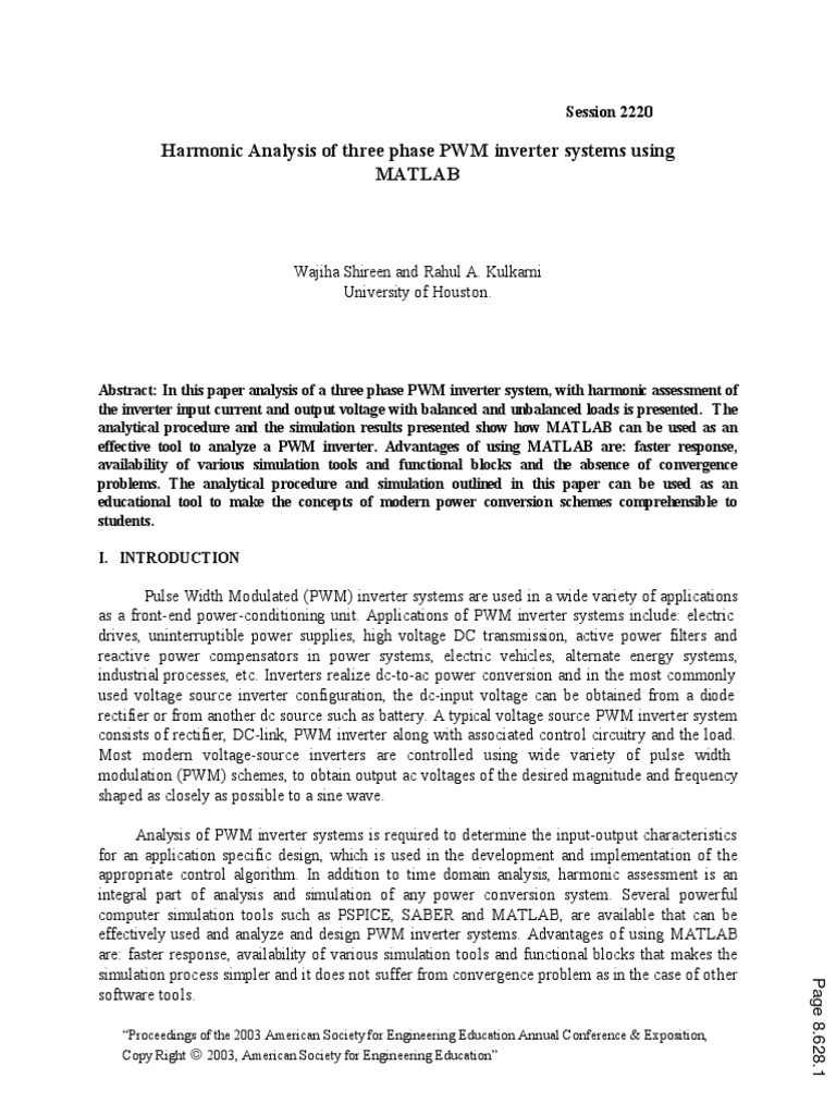 Harmonic Analysis of Three Phase PWM Inverter Systems Using Matlab | PDF | Power Inverter ...
