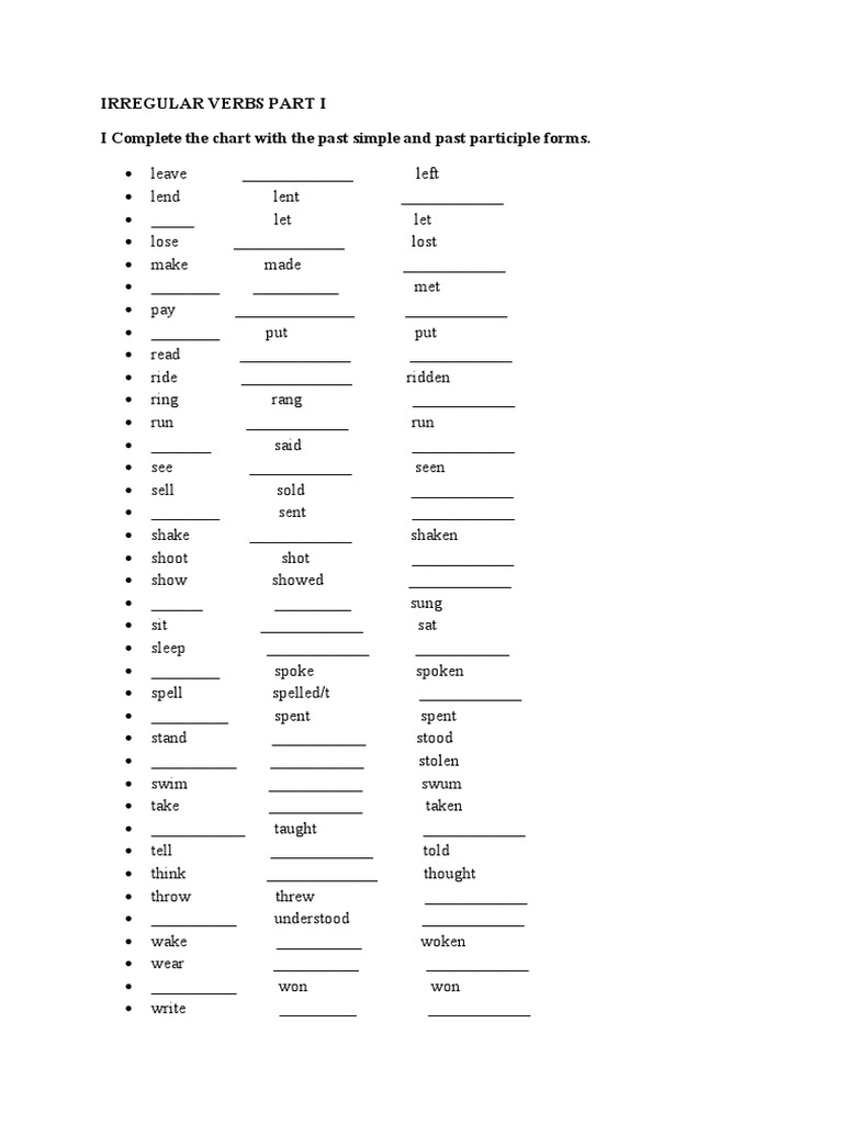 Irregular Verbs Part I I Complete The Chart With The Past Simple and ...