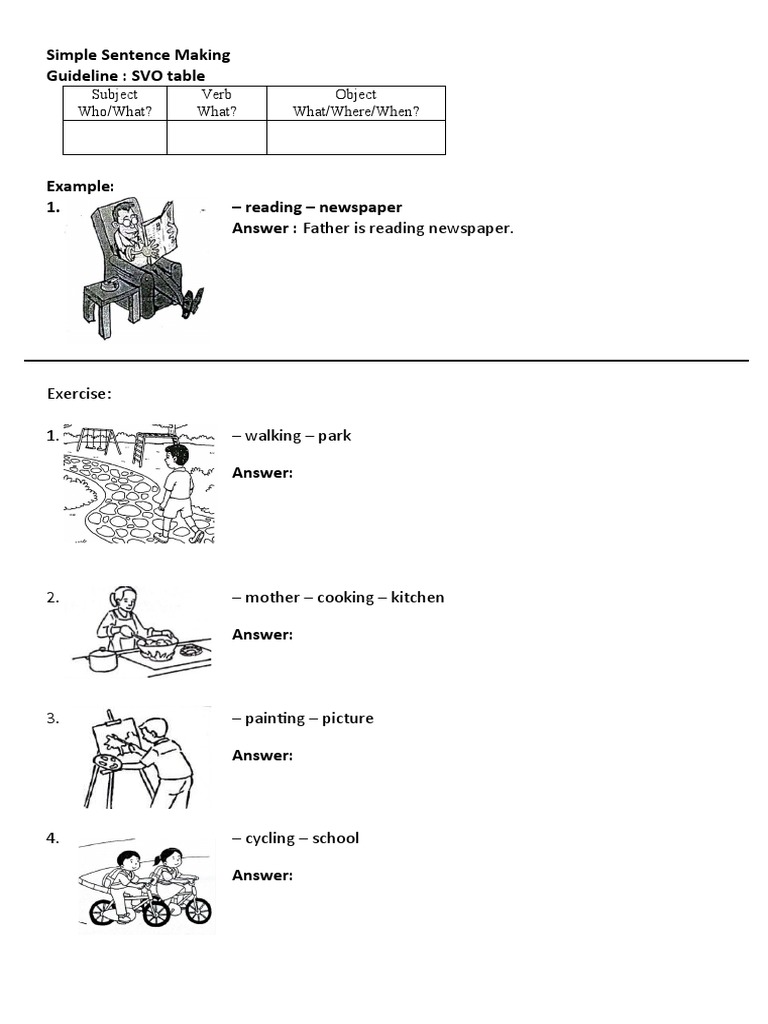 Simple Sentence Making Guideline: SVO Table: Exercise: 1. - Walking ...