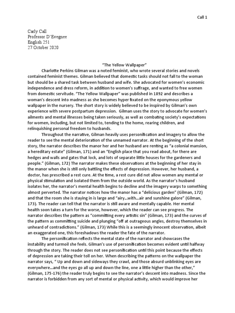 Midterm Essay Final Draft | PDF | The Yellow Wallpaper