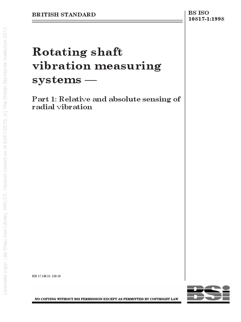 (BS ISO 10817-1-1999) - Rotating Shaft Vibration Measuring Systems ...