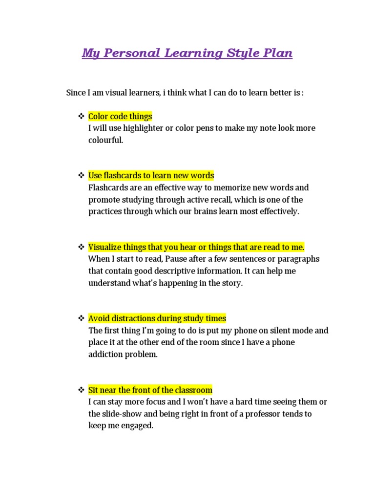 My Personal Learning Style Plan | PDF