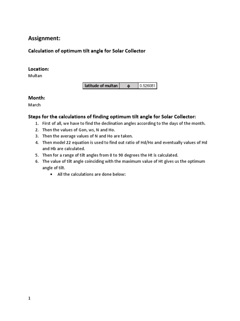 Assignment:: Calculation of Optimum Tilt Angle For Solar Collector ...