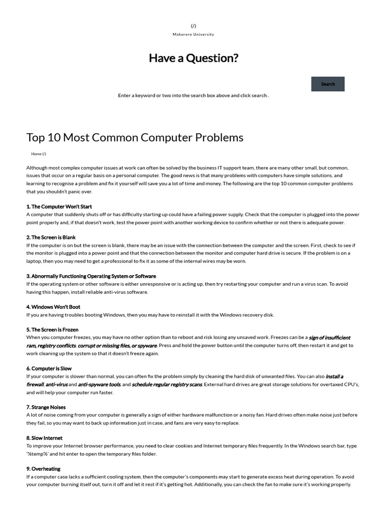 Top 10 Most Common Computer Problems - Answers at Makerere (Knowledge ...
