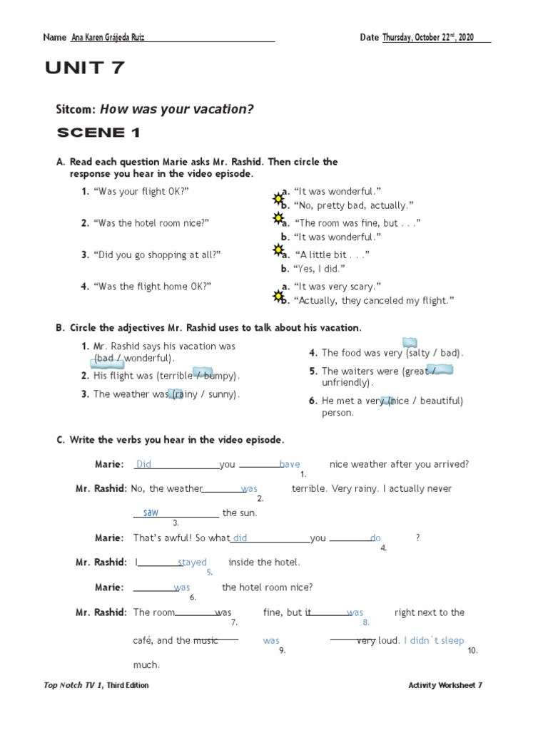 Unit 7: Sitcom: How Was Your Vacation? Scene 1 | PDF