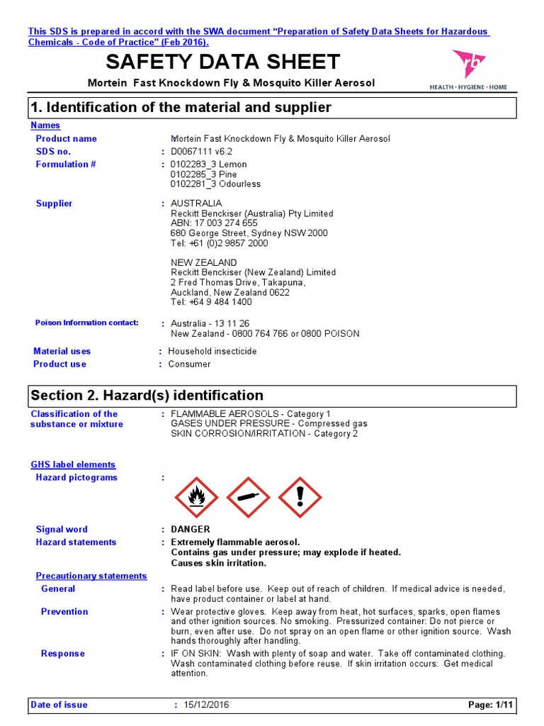Mortein Fast Knockdown Insecticide SDS | PDF | Toxicity | Firefighting