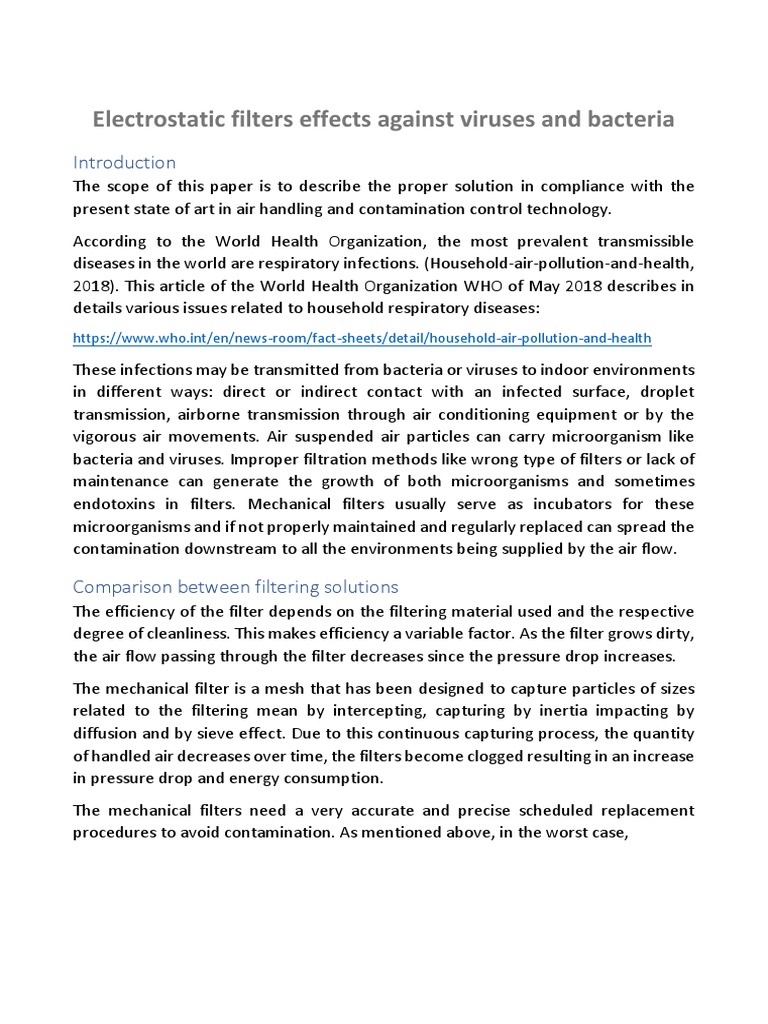 Electrostatic Filters Effects Against Viruses and Bacteria | PDF ...