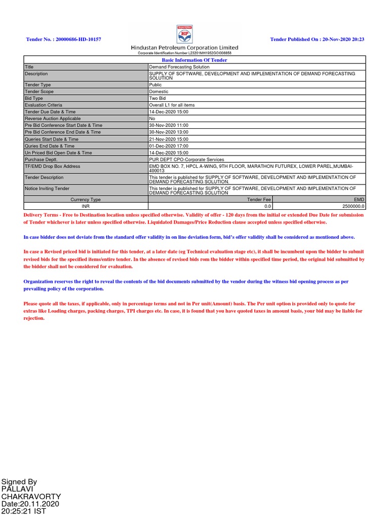 HPCL - Demand Forecasting Tender - Nov 2020 | PDF | Specification ...