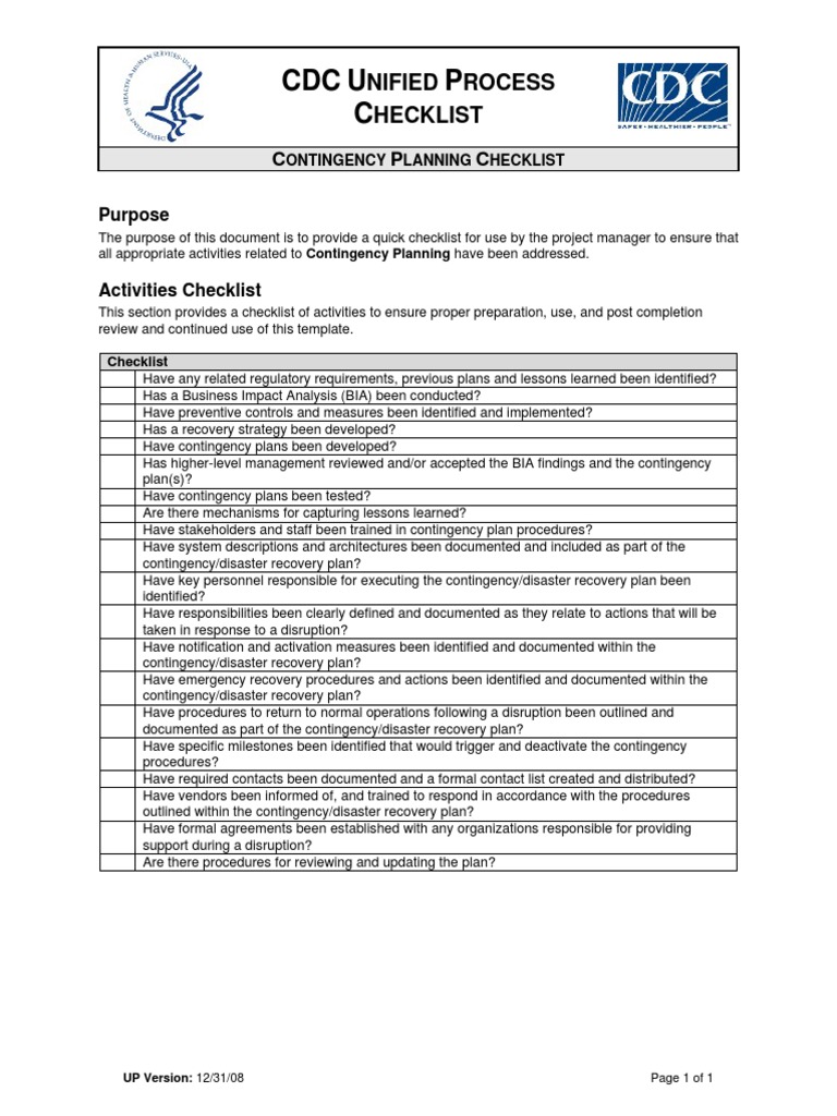 CDC UP Contingency Planning Checklist PDF | PDF | Disaster Recovery ...