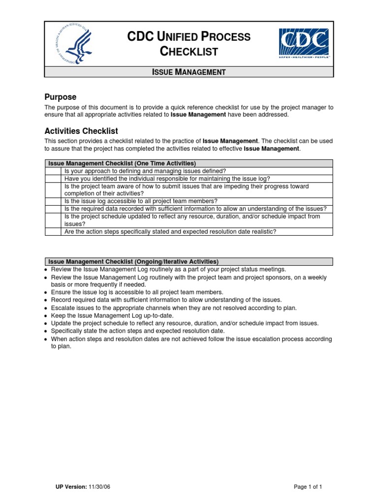 CDC UP Issue Management Checklist PDF | PDF