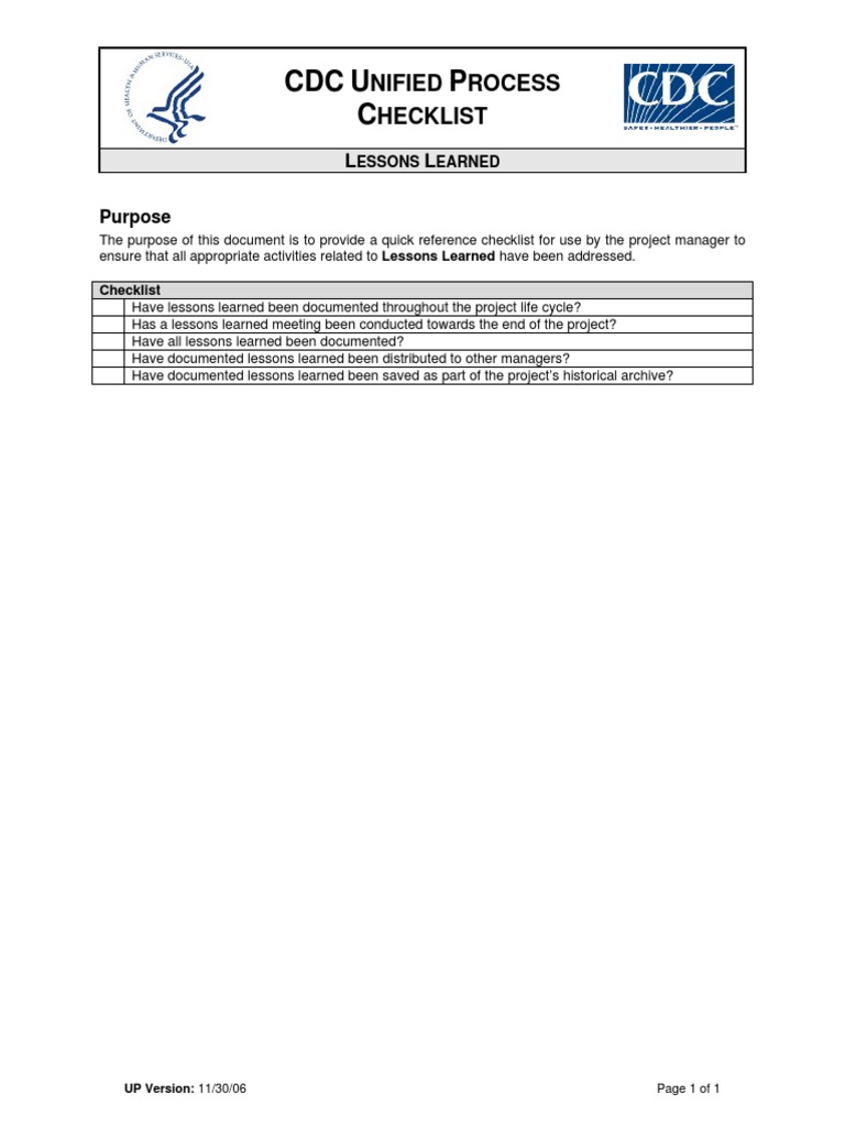 CDC UP Lessons Learned Checklist | PDF