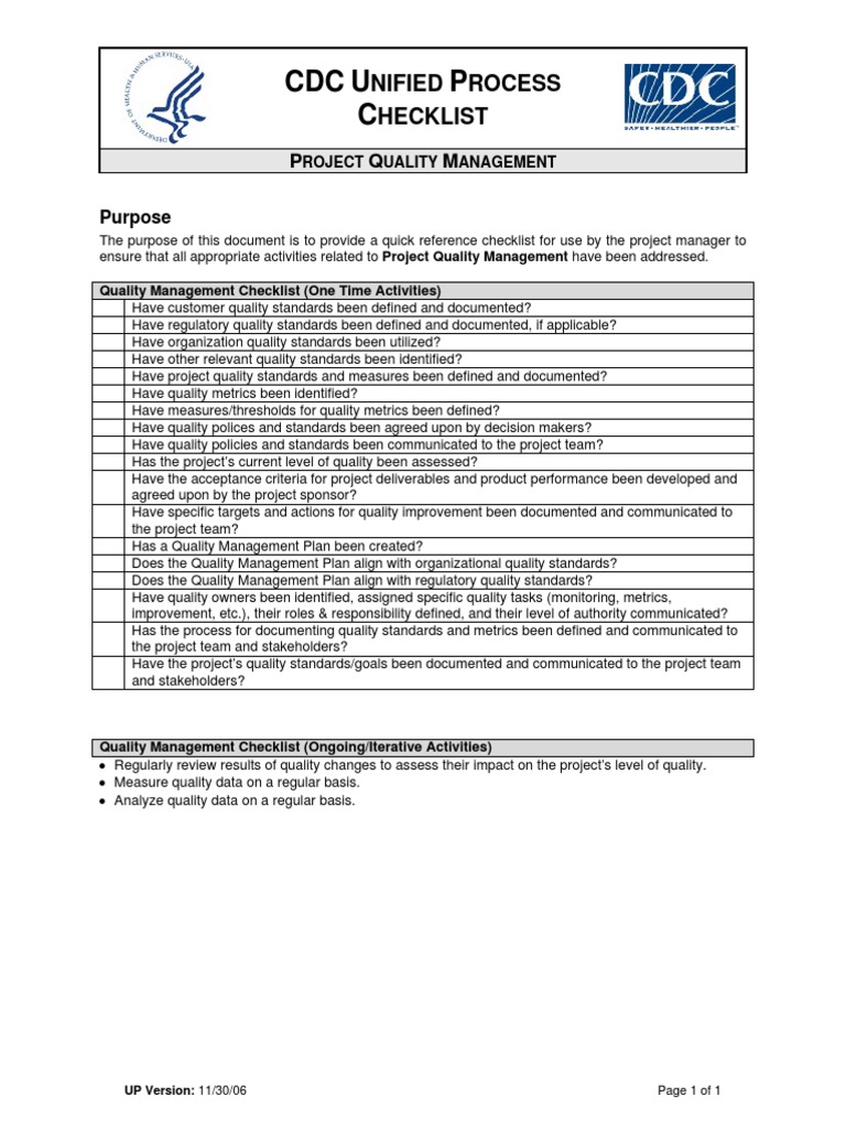 CDC UP Quality Management Checklist PDF | PDF